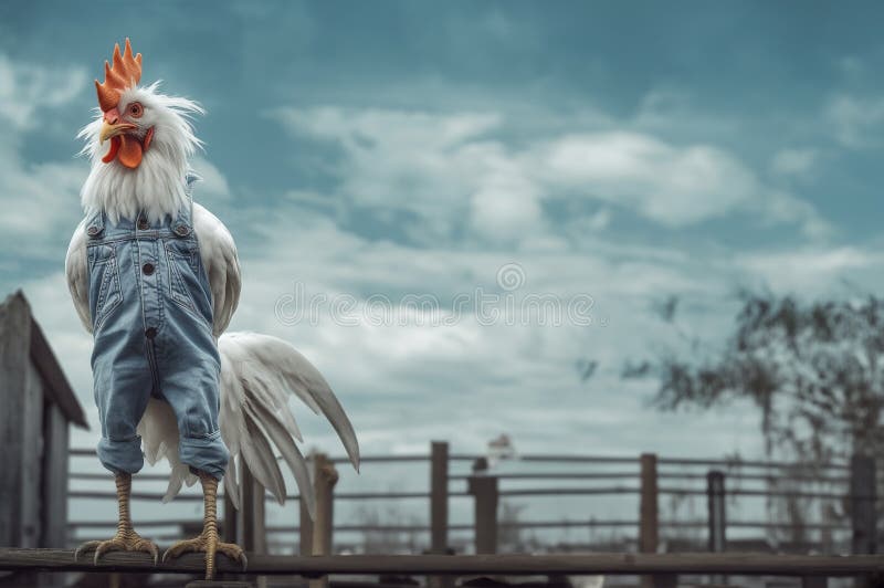 A Large Rooster, Dressed in a Work Uniform, Stands on the Fence. Ai ...