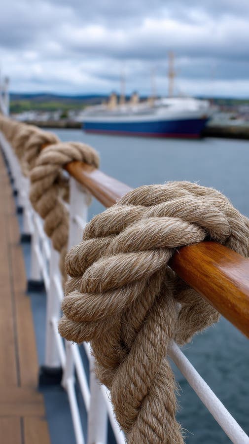 Large Rope Knot Securing Railing on Passenger Ship Over Open Water with ...