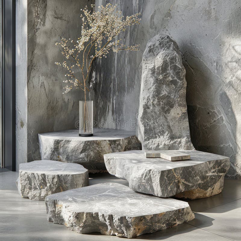 Large Rough-cut Stone Blocks are Used As Display Platforms in a Modern ...