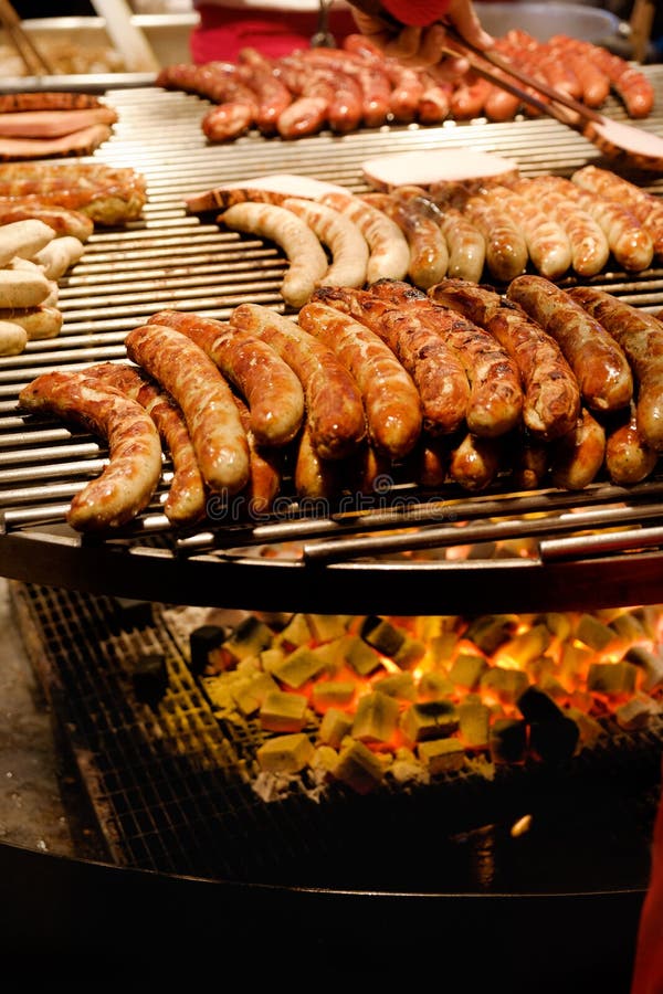 Large Round Barbecue of Sausages and Grilled Meat Stock Image - Image ...