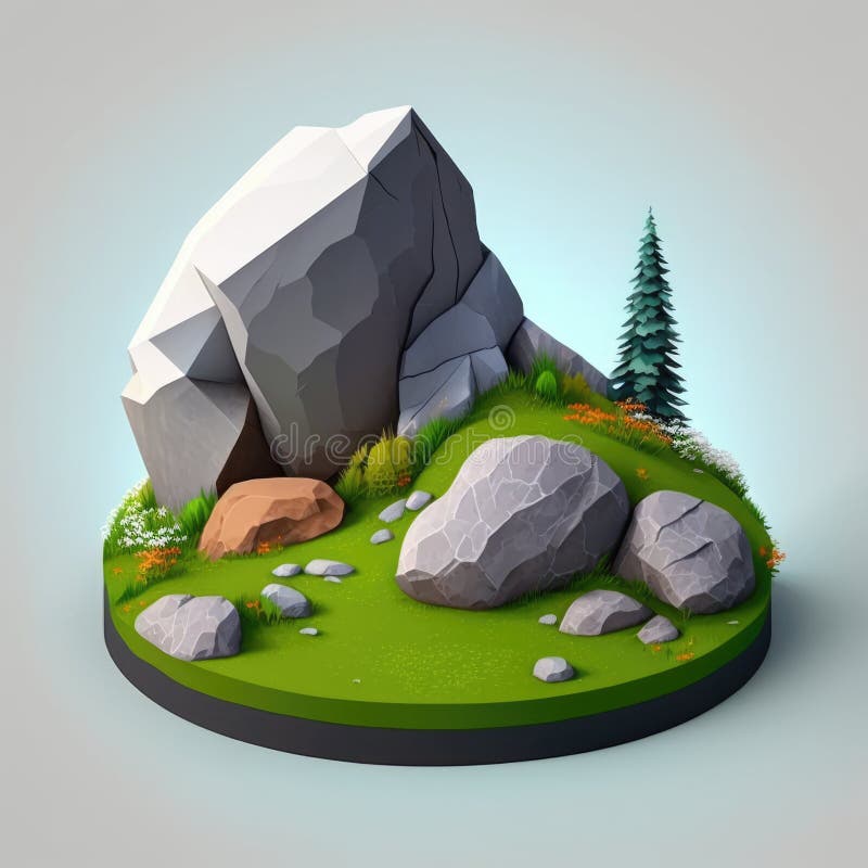 Large Round Boulder Balanced on the Edge of a Hill, Isometric Low Poly ...