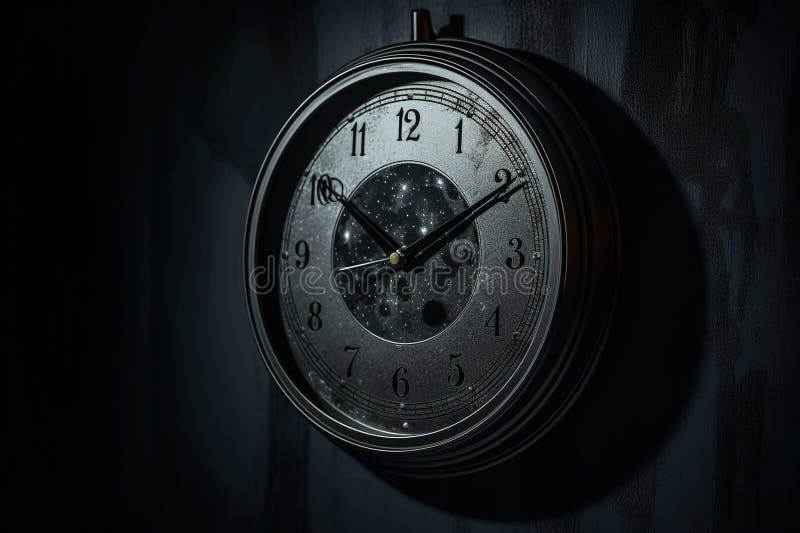 A Large Round Clock on the Wall of a Dark Room Shows Twenty-two O Clock ...