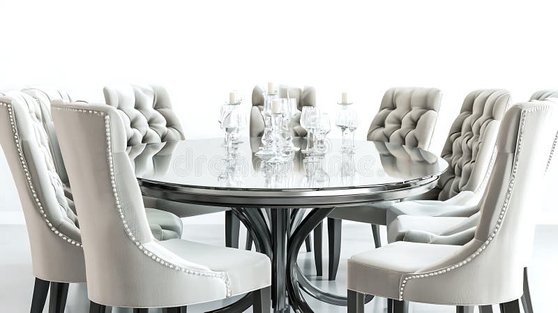 A Large Round Dining Table with a Dozen White Chairs Around it Stock Illustration - Illustration ...