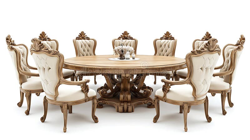 A Large Round Dining Table with Eight Chairs Around it Stock ...