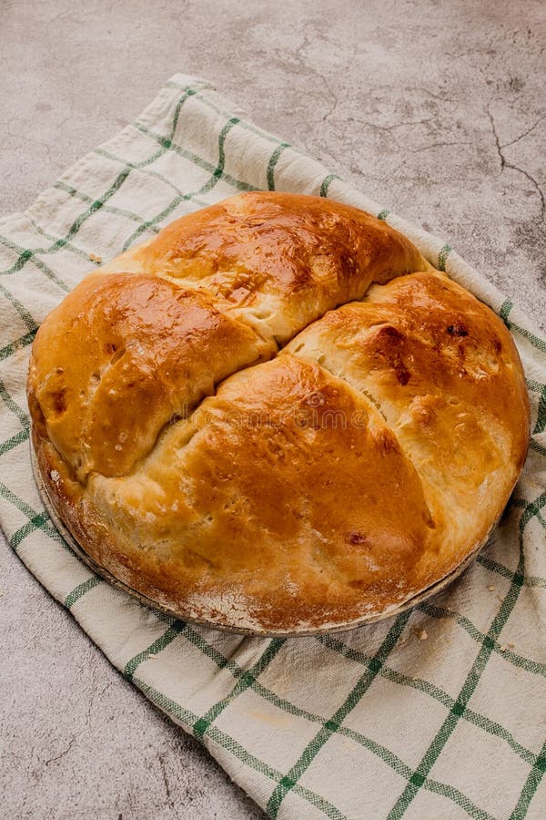 Large Round Homemade Wheat Bread on the Table Stock Photo - Image of ...