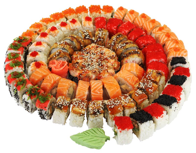 Large Round Spiral Set of Rolls Decorated with a Leaf of Wasabi Stock ...