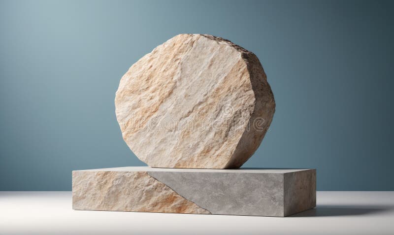 A Large, Round Stone Sits Atop a Smaller, Rectangular Stone Against a ...