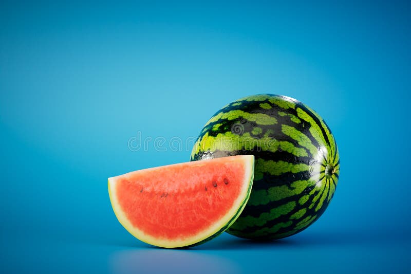 A Large Round Watermelon Next To a Slice of Watermelon on a Blue ...