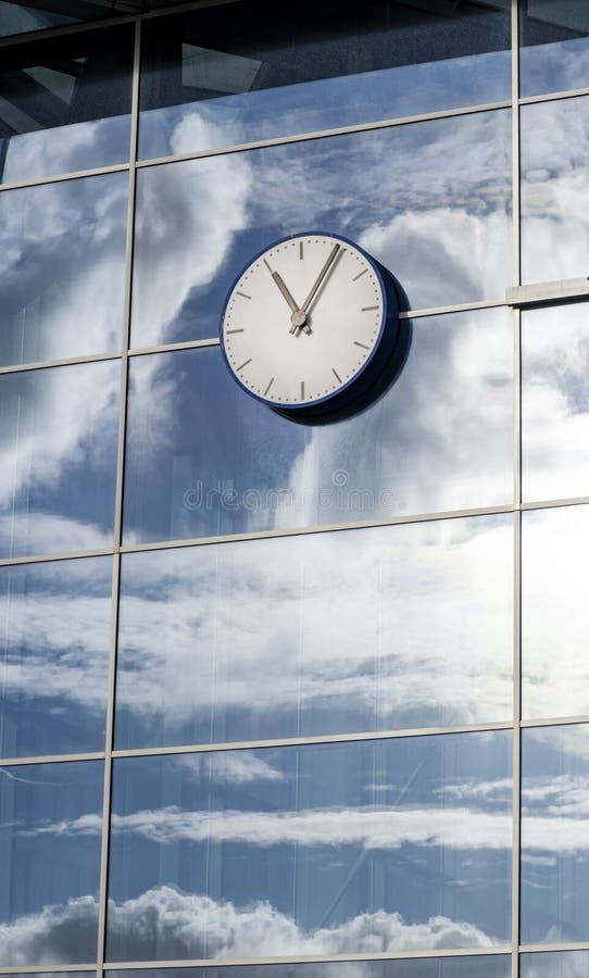 Large Round White Clock Watch Glass Wall Reflection Blue Sky Clouds ...