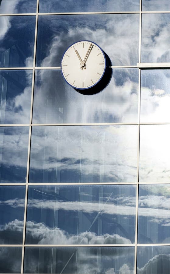 Large Round White Clock Watch Glass Wall Reflection Blue Sky Clouds ...