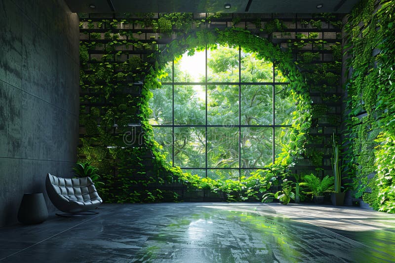 Large Round Window with Green Plant. Room is Empty and Has Modern ...