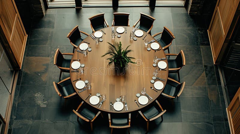 A Large, Round Wooden Dining Table with 14 Place Settings and Black ...