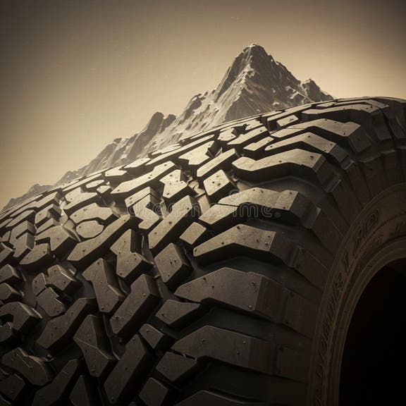 A Large, Rugged Tire with Deep Treads Dominates the Foreground, Showing ...