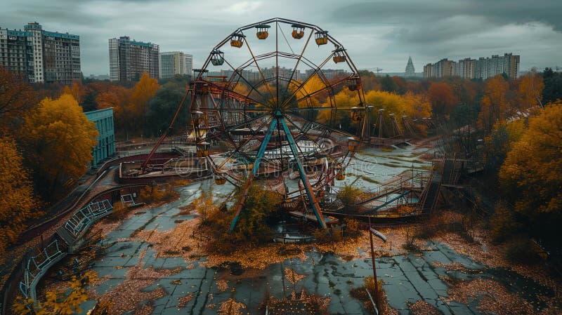 A Large, Rusted Ferris Wheel Sits in a Park with a City in the ...