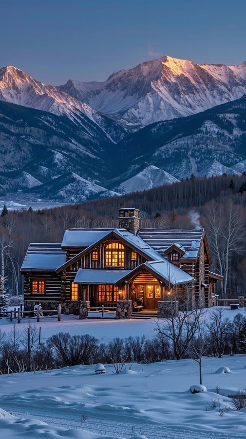 A Log Cabin in the Middle of a Snowy Field with Mountains in the ...