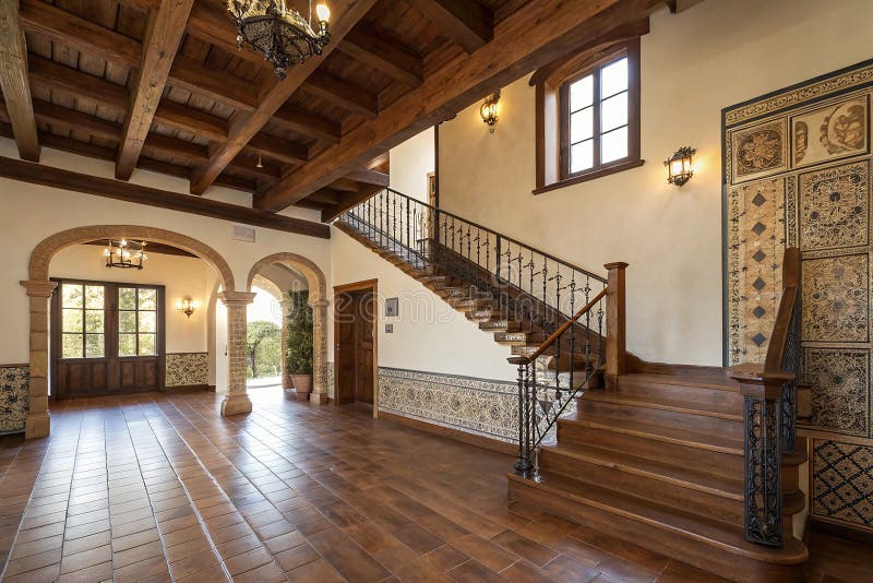 Large Rustic Interior Hallway and Stairs of Large Spanish Villa Stock ...