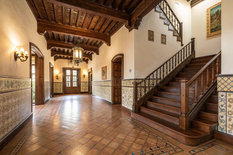 Large Rustic Interior Hallway and Stairs of Large Spanish Villa Stock ...