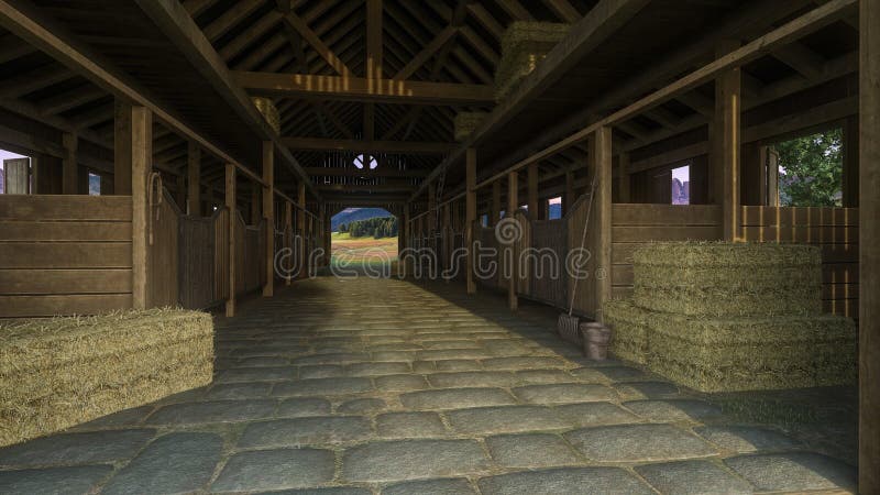 Large Rustic Stable Interior with Stone Floor and Wooden Stalls for ...