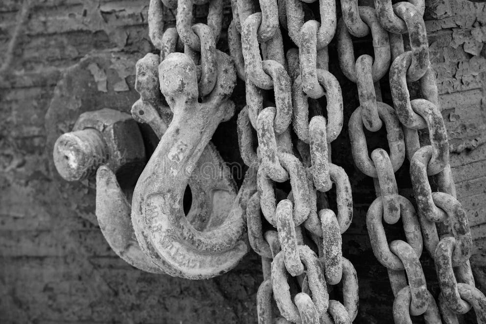 A Large Rusty Chain with Hooks. Close Up. Background, Texture Stock ...