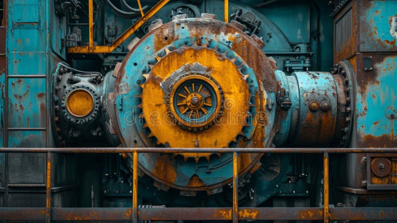 A Large Rusty Machine with a Yellow and Blue Wheel, AI Stock Photo ...