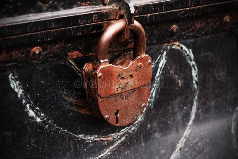 A Large Rusty Padlock Hangs on an Old Metal Chest Stock Image - Image ...