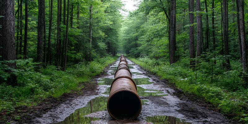 Large Rusty Pipe through Lush Green Forest Muddy Path Environmental ...