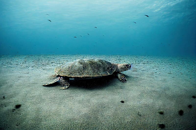 Large Sad Sea Turtle Crawling Along Dark Ocean Floor. Stock ...