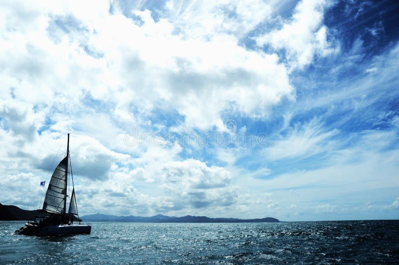 Large Sailboat Sailing on Clear Blue Waters Stock Photo - Image of mast ...
