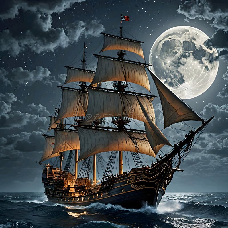 A Large Sailboat Sailing in the Ocean at Beautiful Night. Stock Image ...