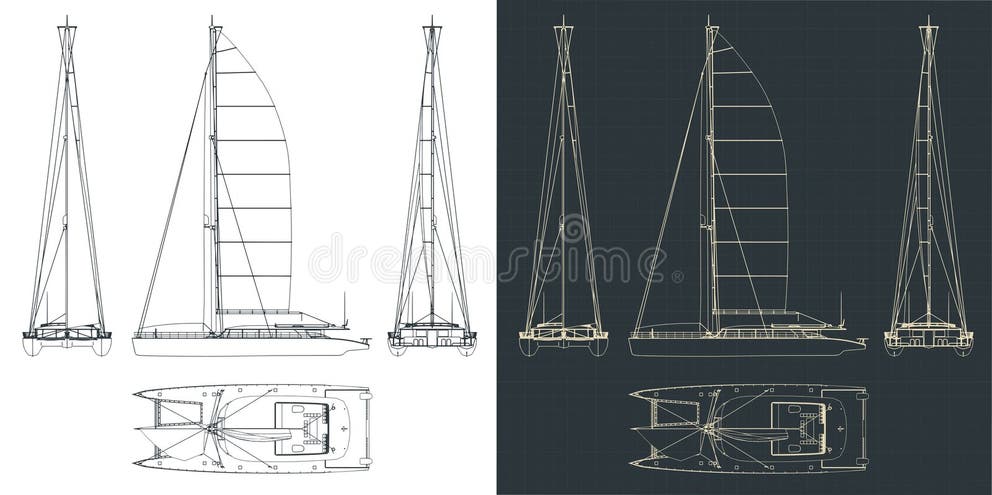 Large Sailing Catamaran Technical Drawings Stock Vector - Illustration ...