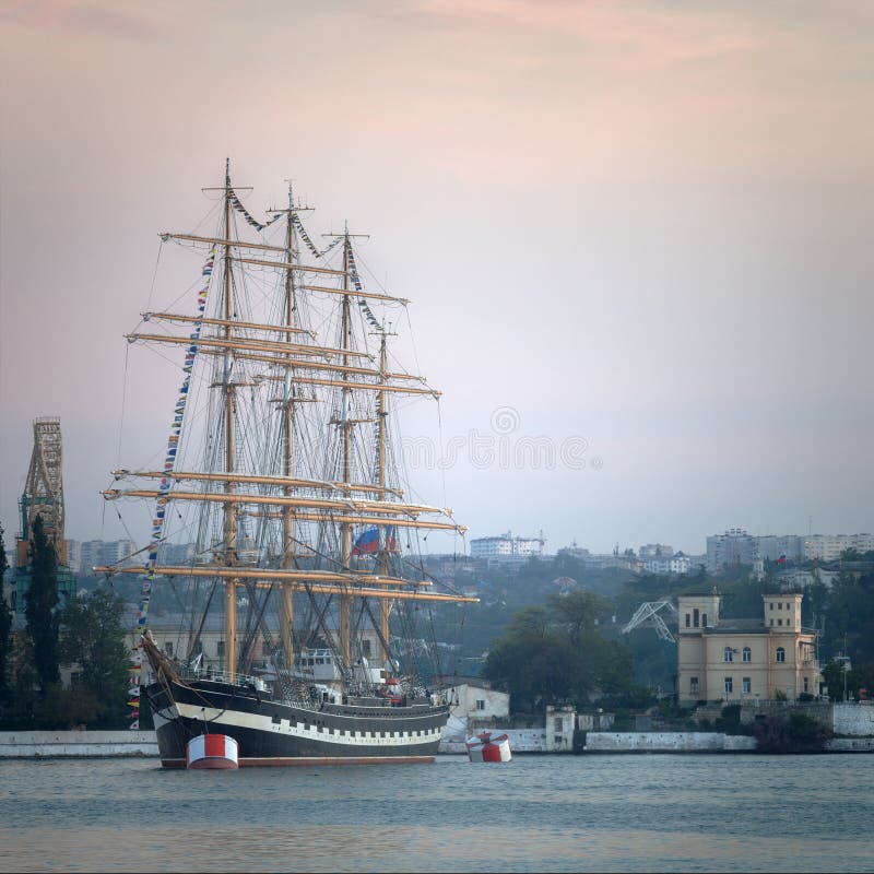 Large Sailing Ship in the Bay Stock Image - Image of cruise, horizon ...