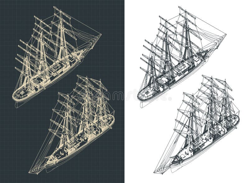 Large Sailing Ship Isometric Drawings with the Sails Down Stock Vector ...