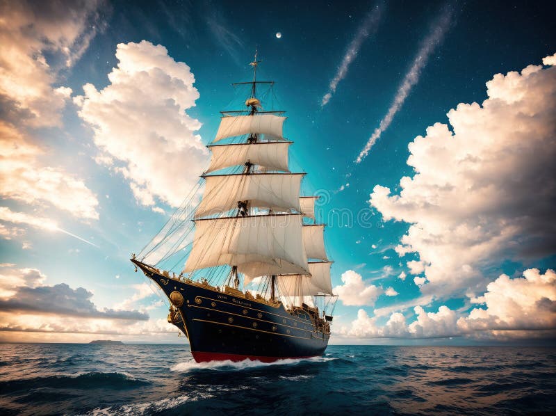 A Large Sailing Ship in the Middle of the Ocean. Stock Photo - Image of ...
