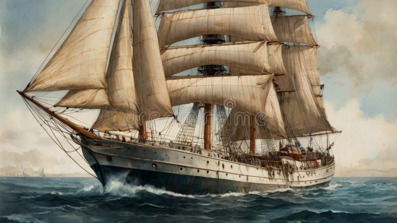 A Large Sailing Ship with White Sails and a Blue Hull Cuts through the ...