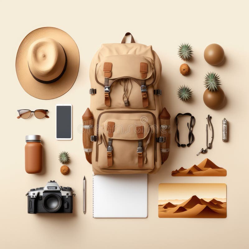 Large Sand Colored Backpack with Items for Desert Trip Stock Photo ...