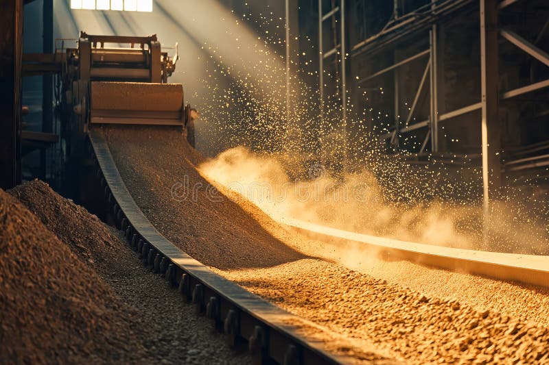 Industrial Belt Conveyor at Sand Quarry with Sunlit Dust and Moving ...