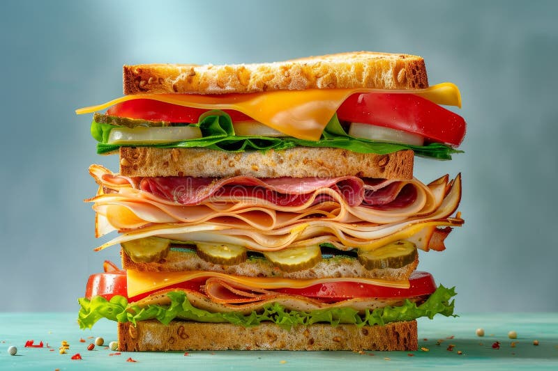 A Large Sandwich Stacked High on a Table, Showcasing Various Textures ...