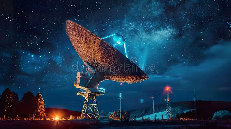 Large Satellite Dish Transmitting Signals, Night Sky View Stock Photo ...