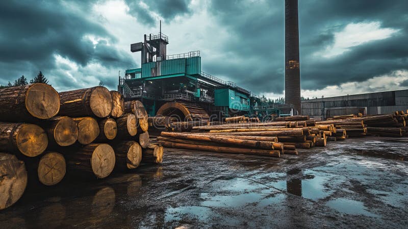 Large Sawmill Yard with Stacked Logs and Machinery Under a Cloudy Sky ...