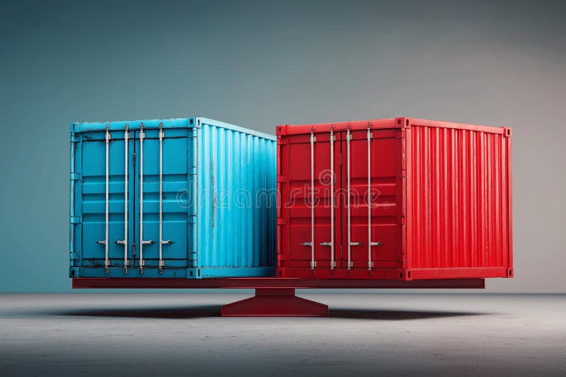 Large Scale Balancing a Red Cargo Container and a Blue Container ...