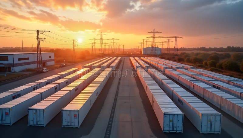 Large-scale Battery Storage Facility at Sunset. Rows of White ...