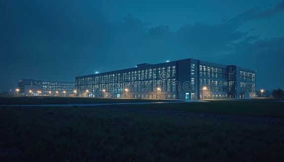 Large-scale Data Center Building Complex Illuminated at Night. Modern ...