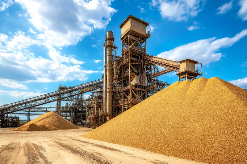 Large-scale Grain Processing Facility with Conveyor Belts and Silos ...