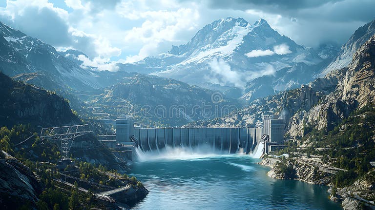 Large Scale Hydropower Plant Surrounded by Mountains and Water Stock ...