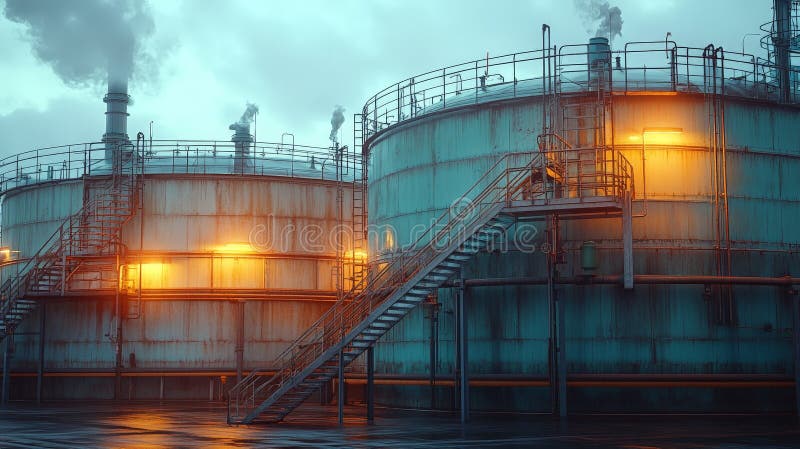 Industrial Oil Refinery with Large Storage Tanks and Flare Stack on a ...