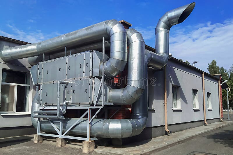 Large-scale Industrial Ventilation System with Metal Pipes and a Square ...