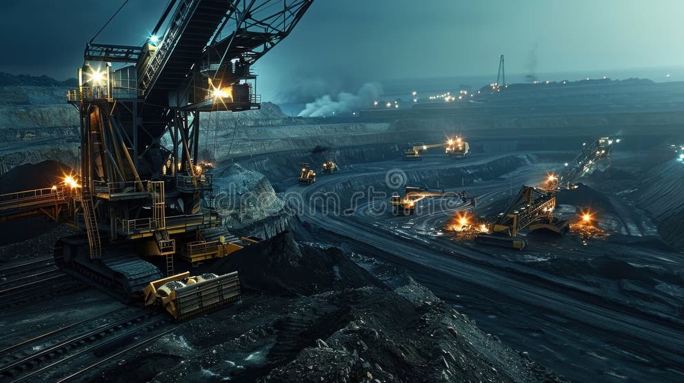 Large-scale Mining Concept with Excavation Machinery and Workers at an ...