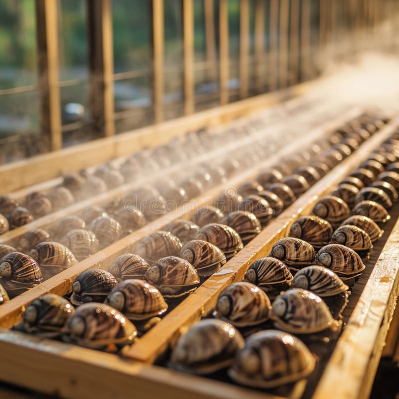 A Large-scale Snail Farm with Multiple Rows of Wooden Racks Holding ...