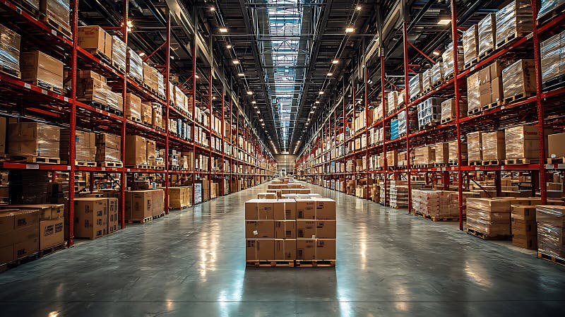 Large Scale Warehouse Filled with Neatly Stacked Boxes and Pallets ...