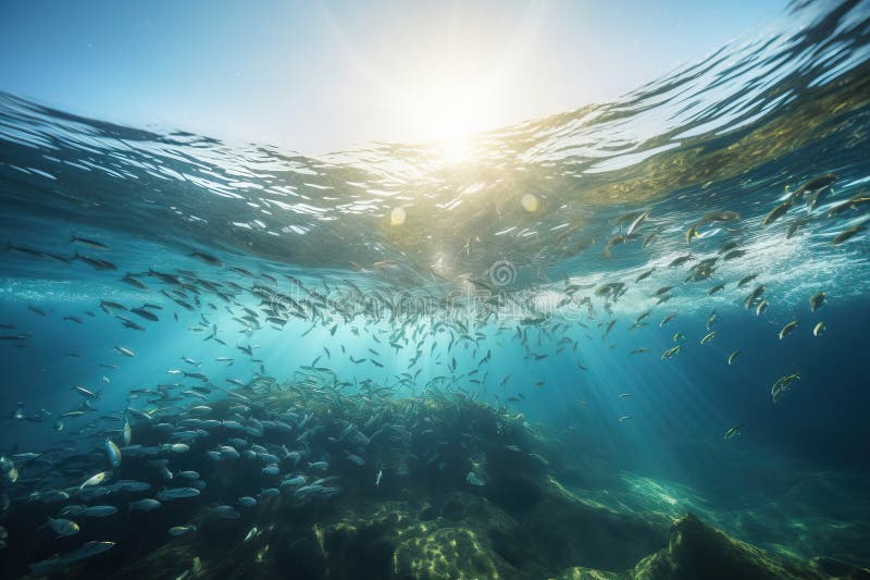 School of Fish Swimming in Circles in Ocean with Sunlight Stock ...